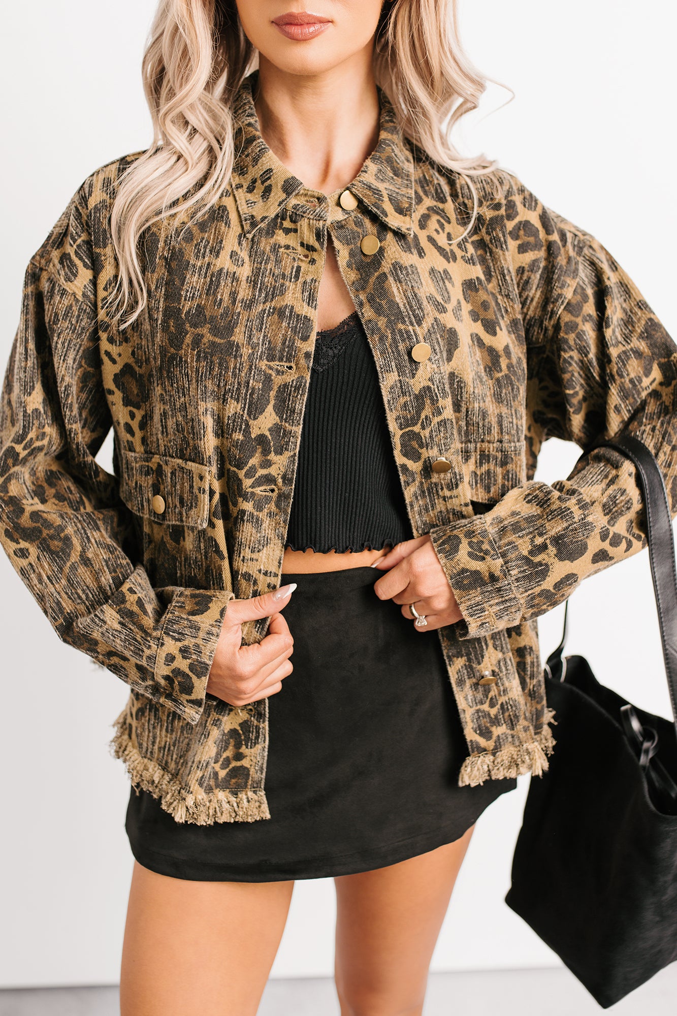 Pretty & Wild Distressed Denim Shacket (Camel/Leopard) · NanaMacs