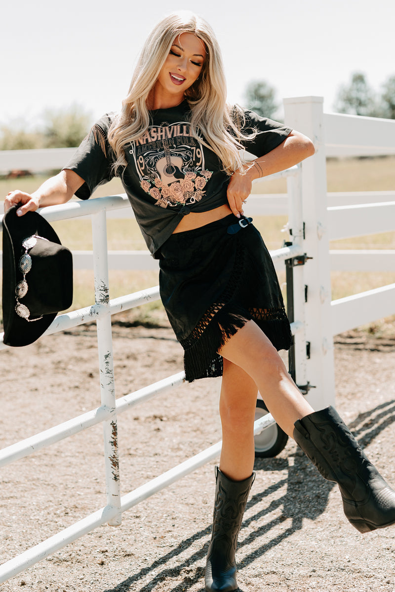 Tide & Tassel Satin Wrap Mini Skirt (Black) · NanaMacs