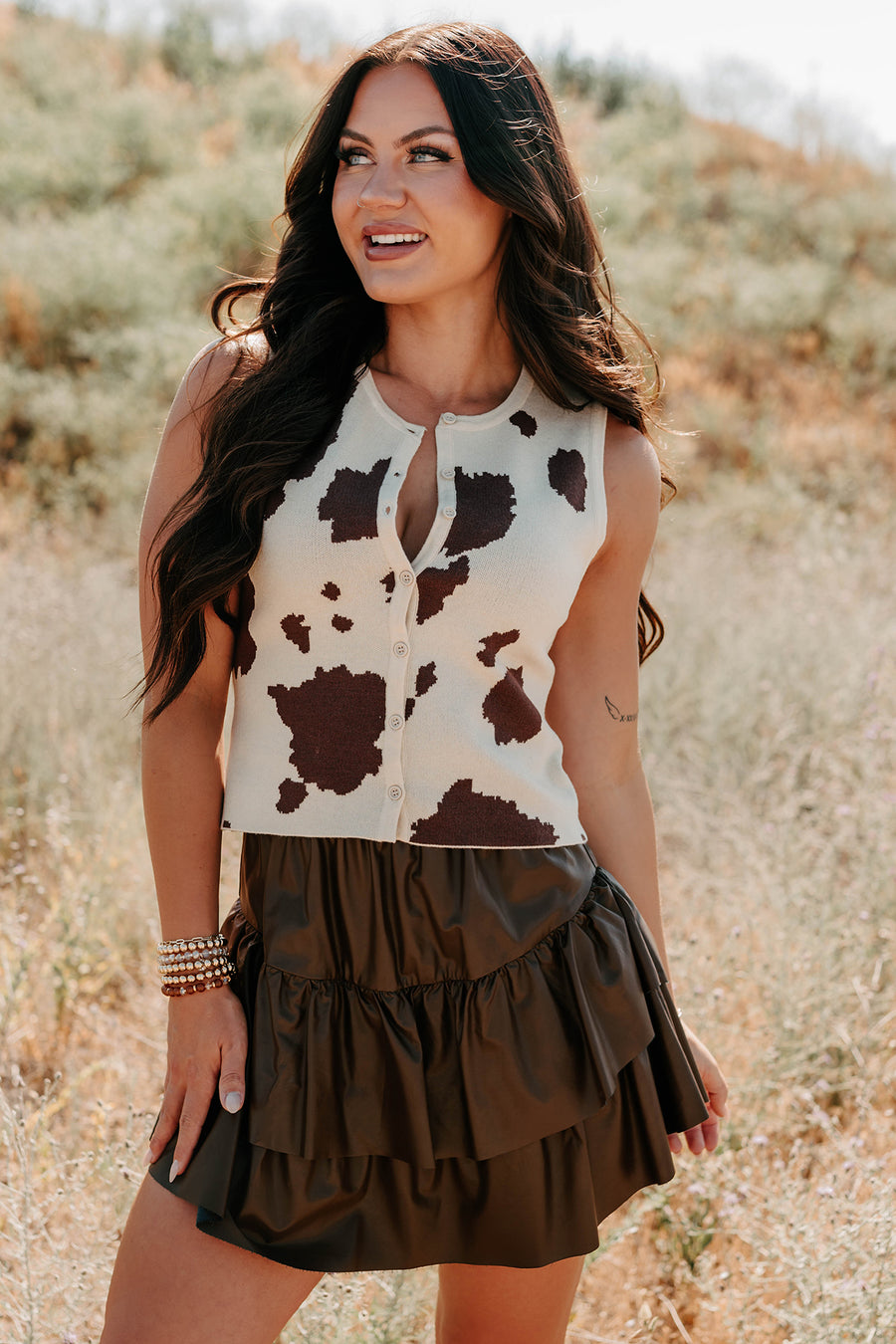 Rodeo Glow Sleeveless Cow Print Top (Beige/Brown) · NanaMacs