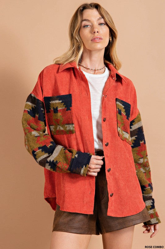 Gliding By Aztec Corduroy Shacket (Rose Combo) · NanaMacs