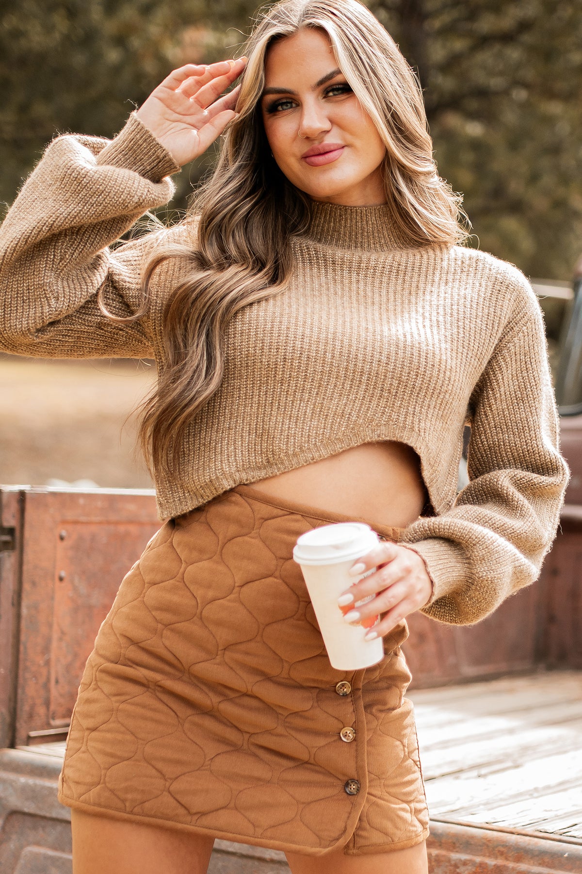 Seen Differently Asymmetric Turtleneck Crop Sweater (Tan) · NanaMacs