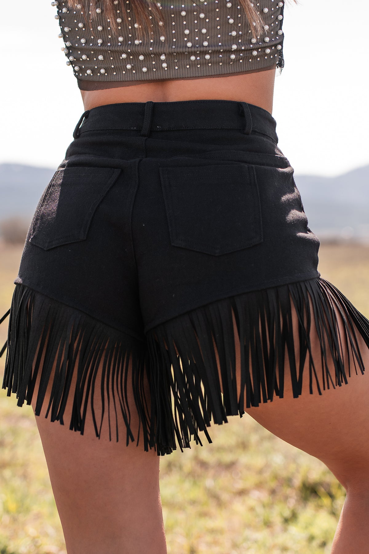Here For A Good Time High Waist Fringed Shorts (Black Denim) · NanaMacs