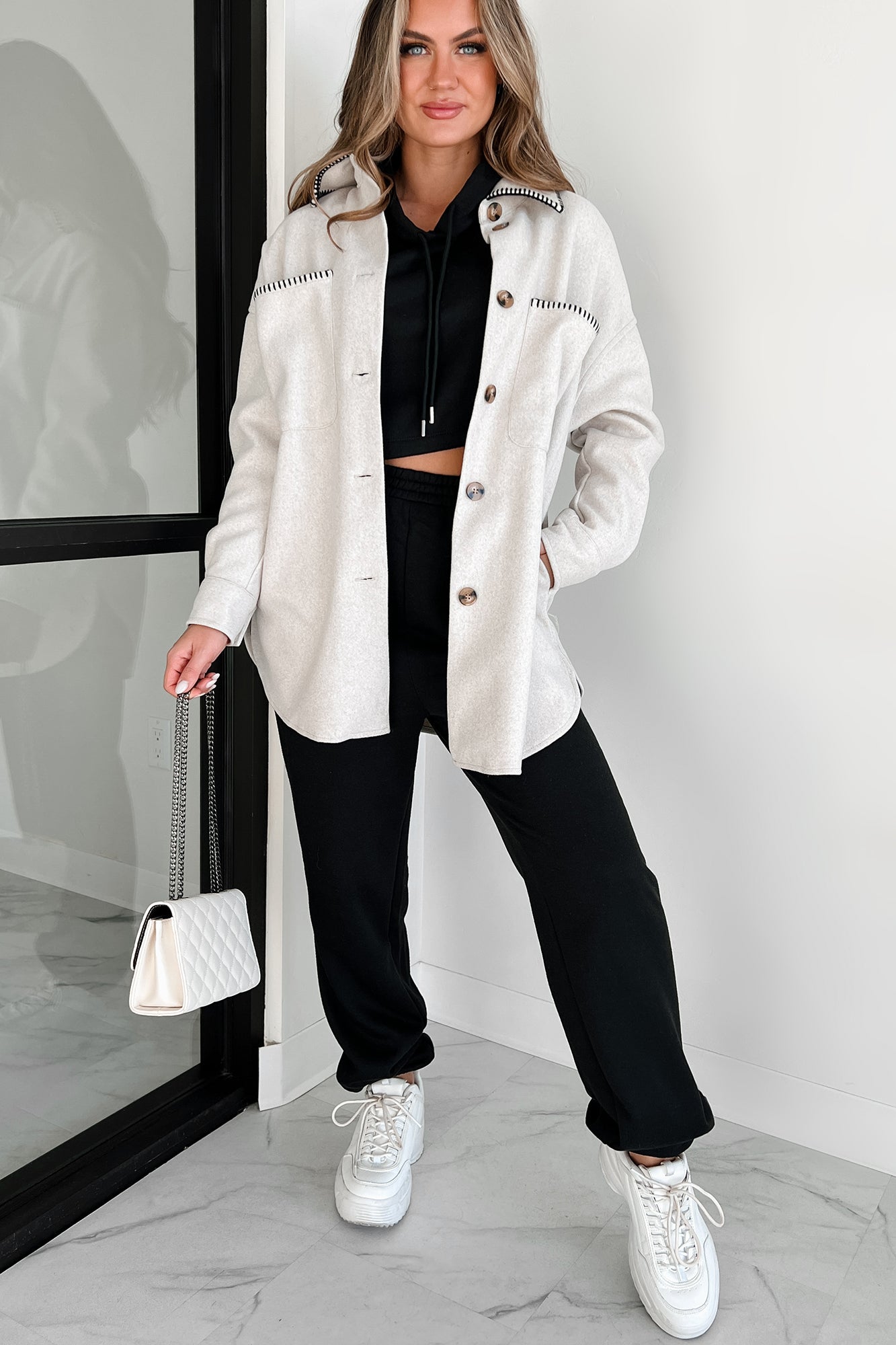 First Rounds On Me Contrast Stitch Shacket (Light Oat) · NanaMacs