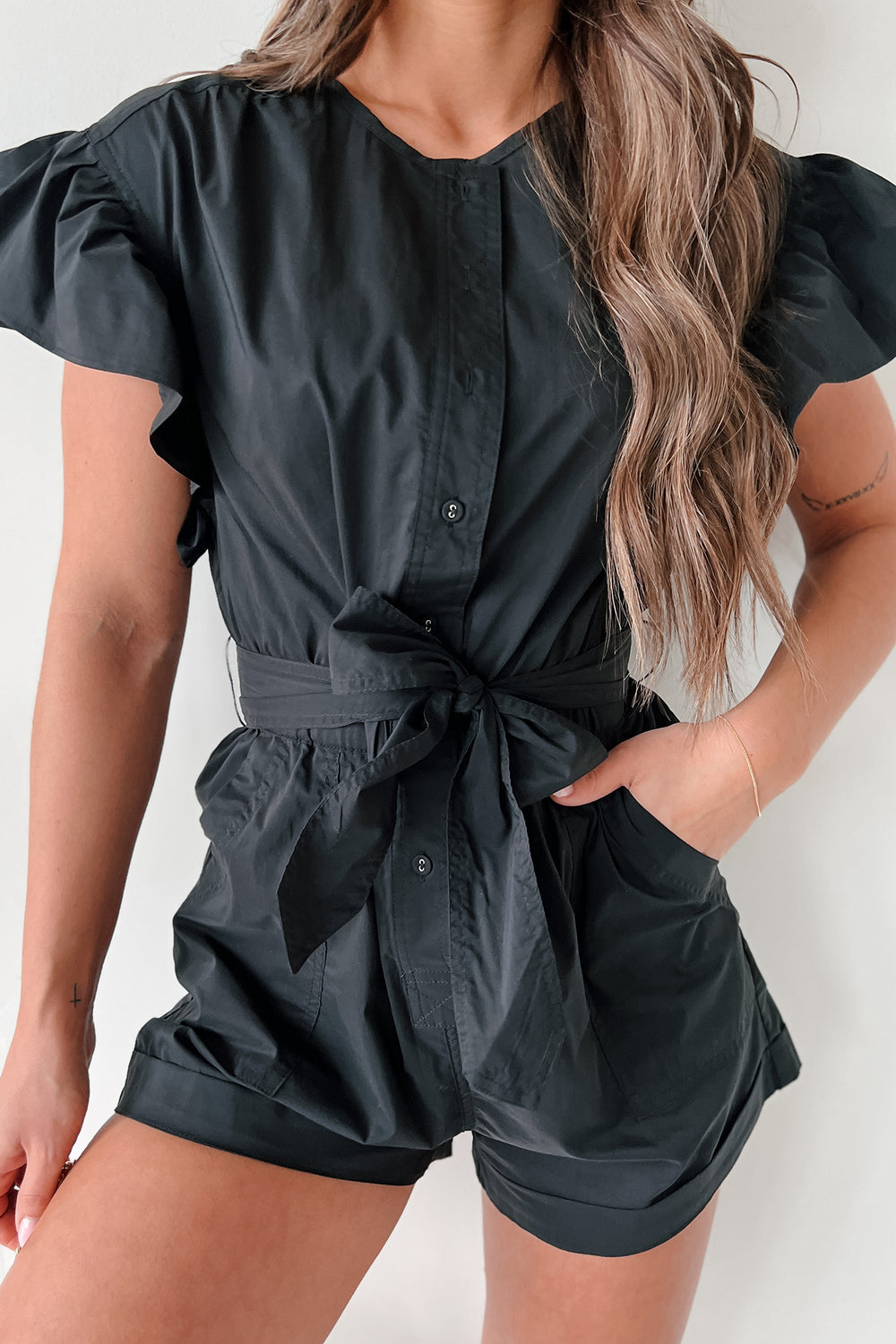 Shula Button-Front Ruffle Sleeve Romper (Black) · NanaMacs