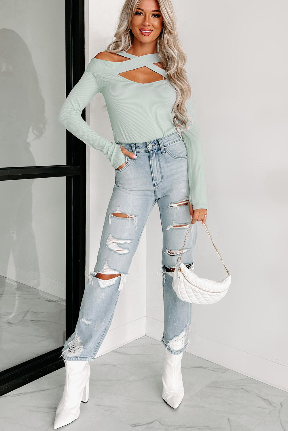 It's Complicated Cold Shoulder Ribbed Criss-Cross Top (Sage) · NanaMacs