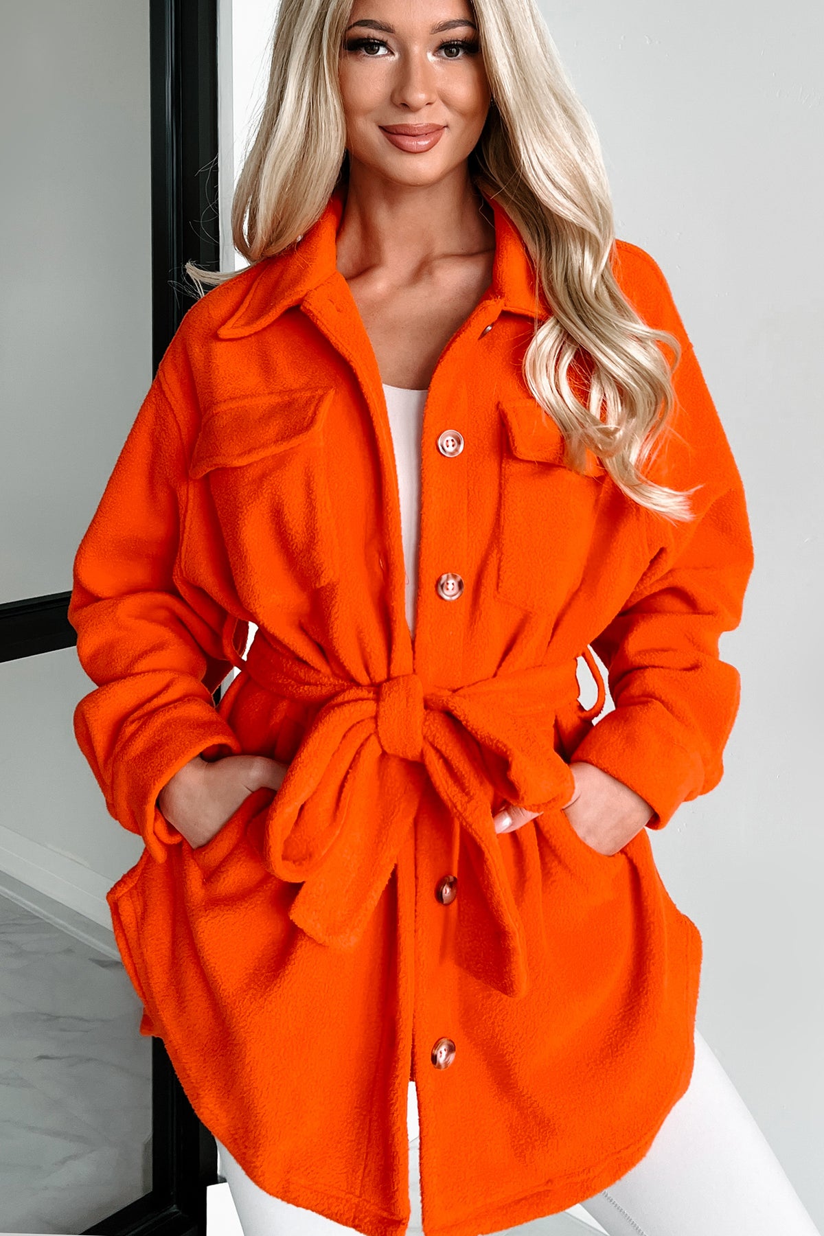 Jayda Belted Fleece Shacket (Orange) · NanaMacs