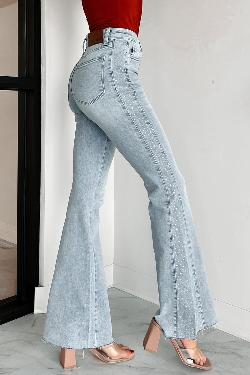 Keira Judy Blue Button Fly Rhinestone Side Flare Jeans (Light Blue ...