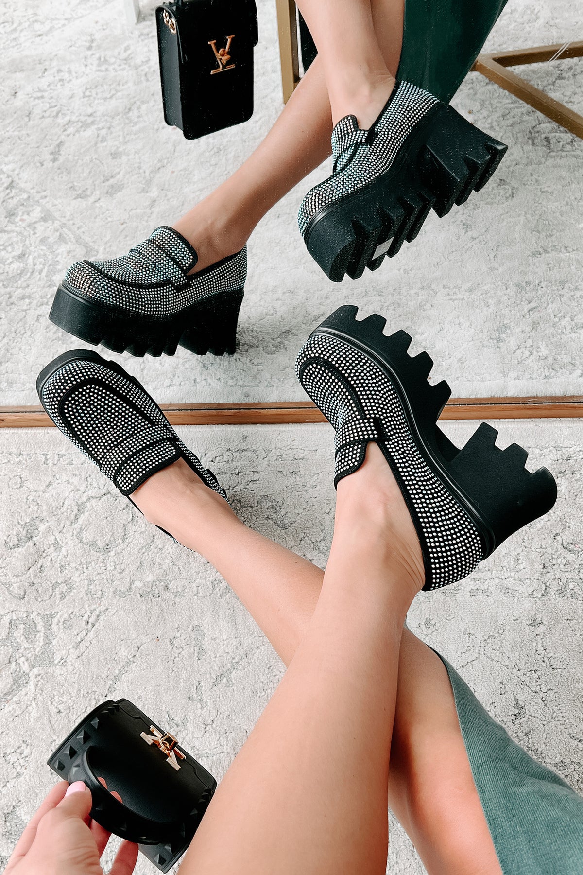 An Intriguing Proposition Rhinestone Platform Loafers (Black) · NanaMacs