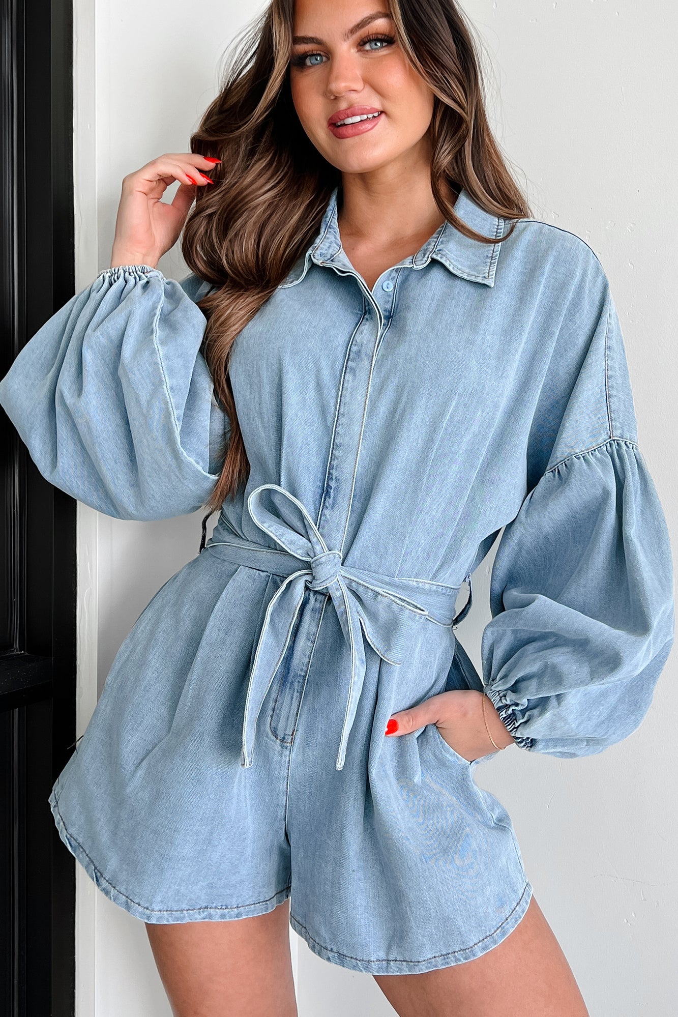 Modern Direction Denim Balloon Sleeve Romper (Denim) · NanaMacs