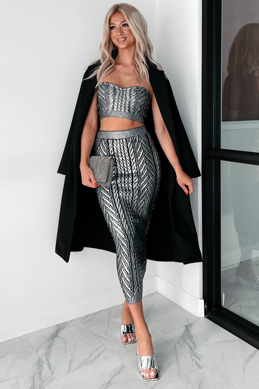 Keep Their Attention Metallic Tube Top & Skirt Set (Black/Silver ...