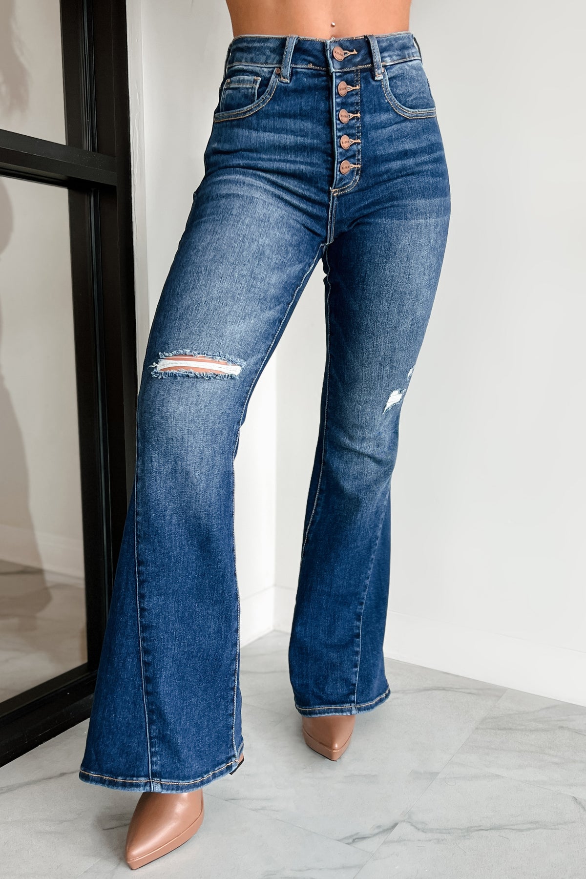 Valina High Rise Tummy Control Buttoned Flare Risen Jeans (Dark) · NanaMacs