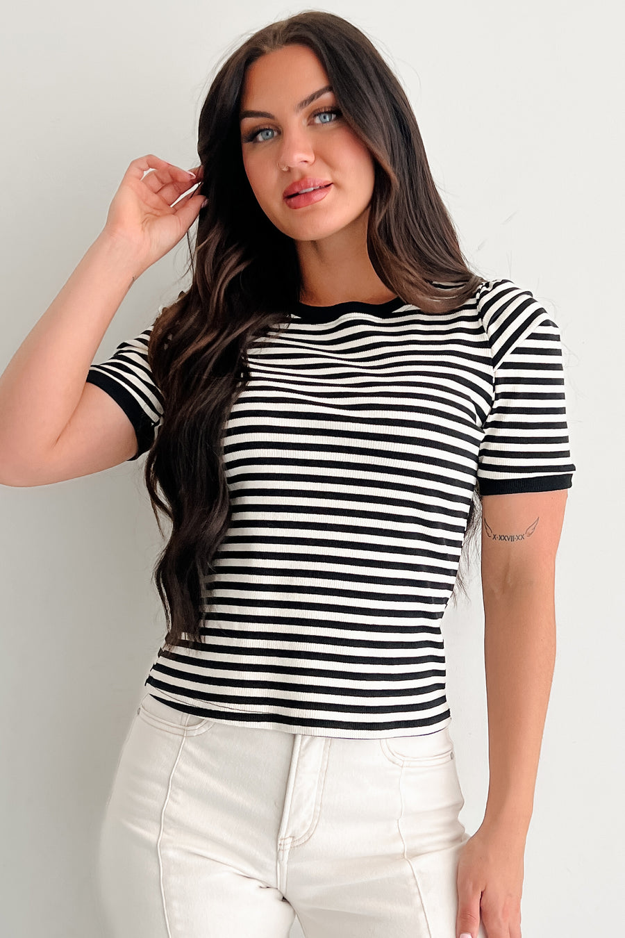Casual & Cool Striped Puff Shoulder Top (Black/Ivory) · NanaMacs