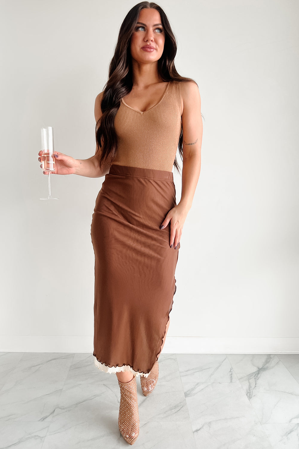 Don't Take It Personally Layered Mesh Midi Skirt (Brown) · NanaMacs