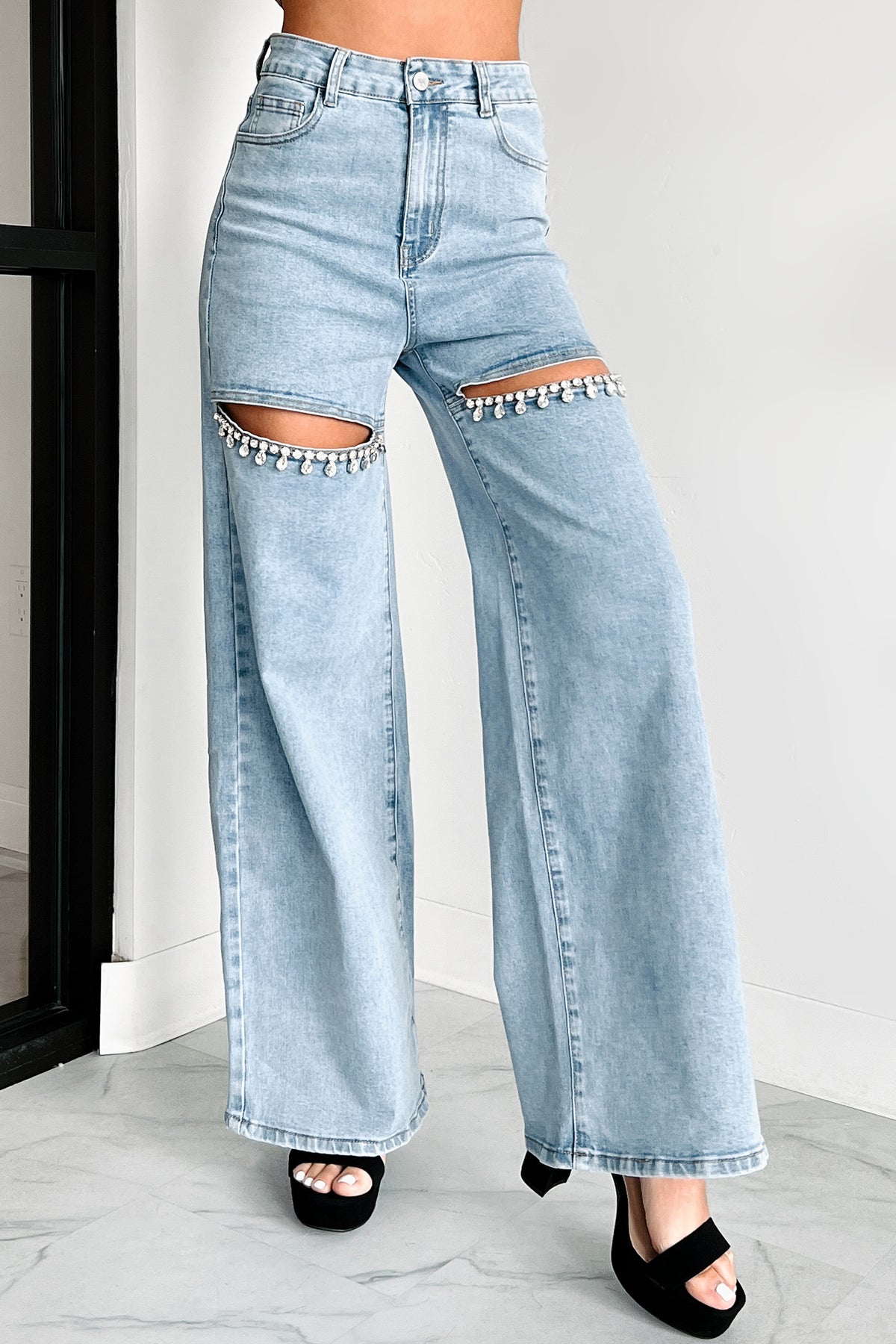 Constant Surprise High Rise Rhinestone Slit Wide Leg Jeans (Light Wash · NanaMacs