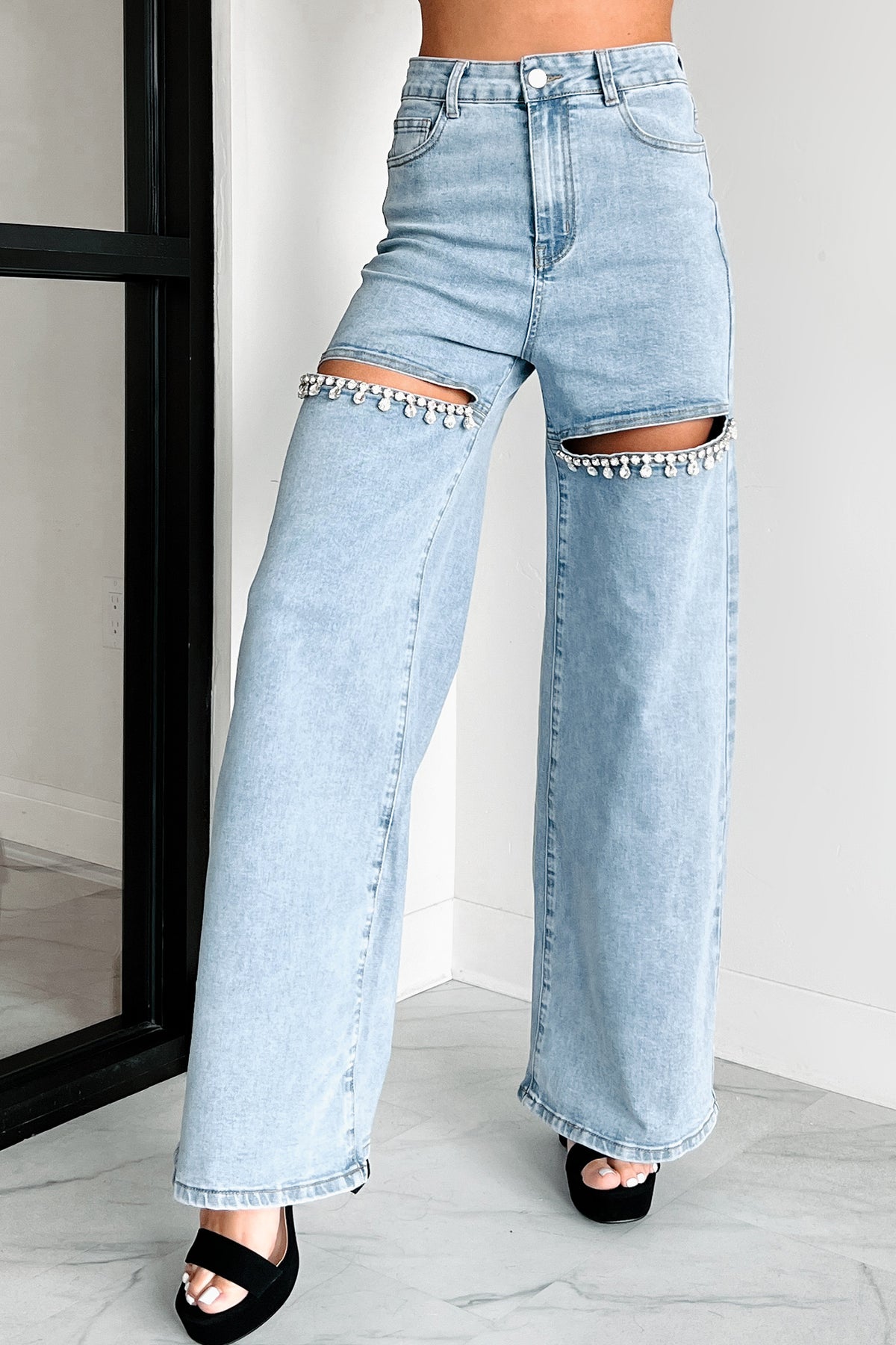 Constant Surprise High Rise Rhinestone Slit Wide Leg Jeans (Light Wash · NanaMacs