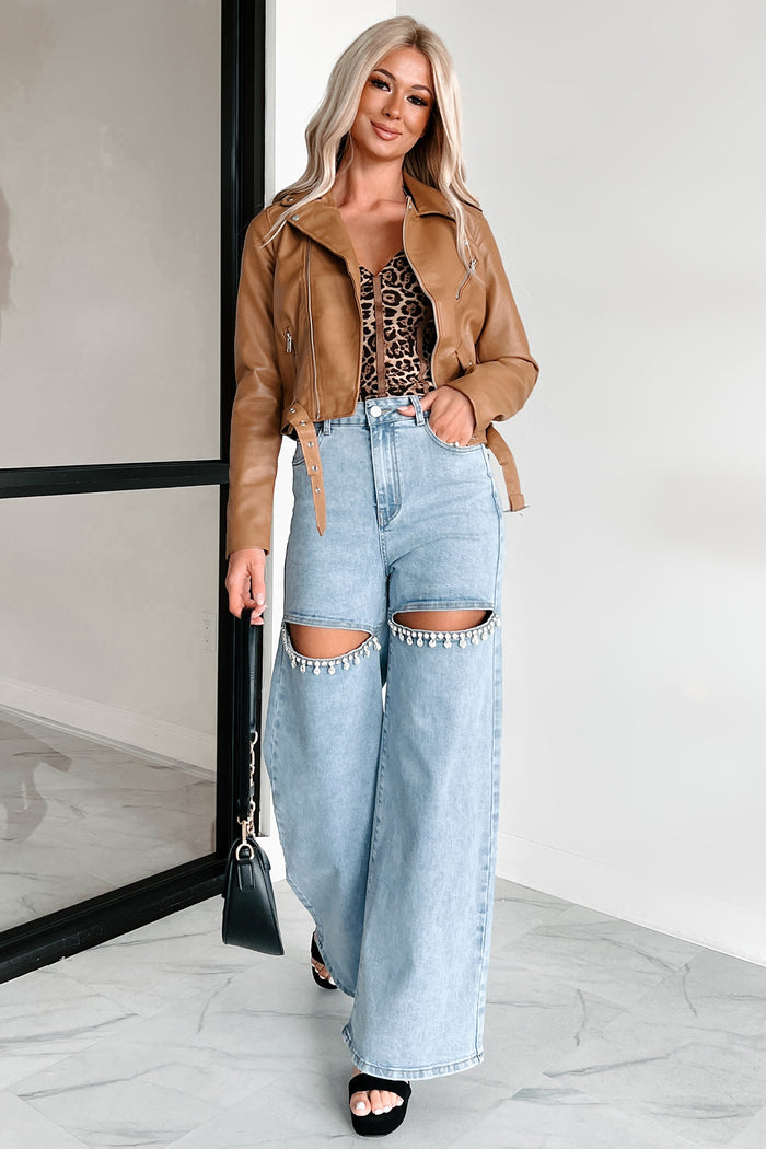 Constant Surprise High Rise Rhinestone Slit Wide Leg Jeans (Light Wash · NanaMacs