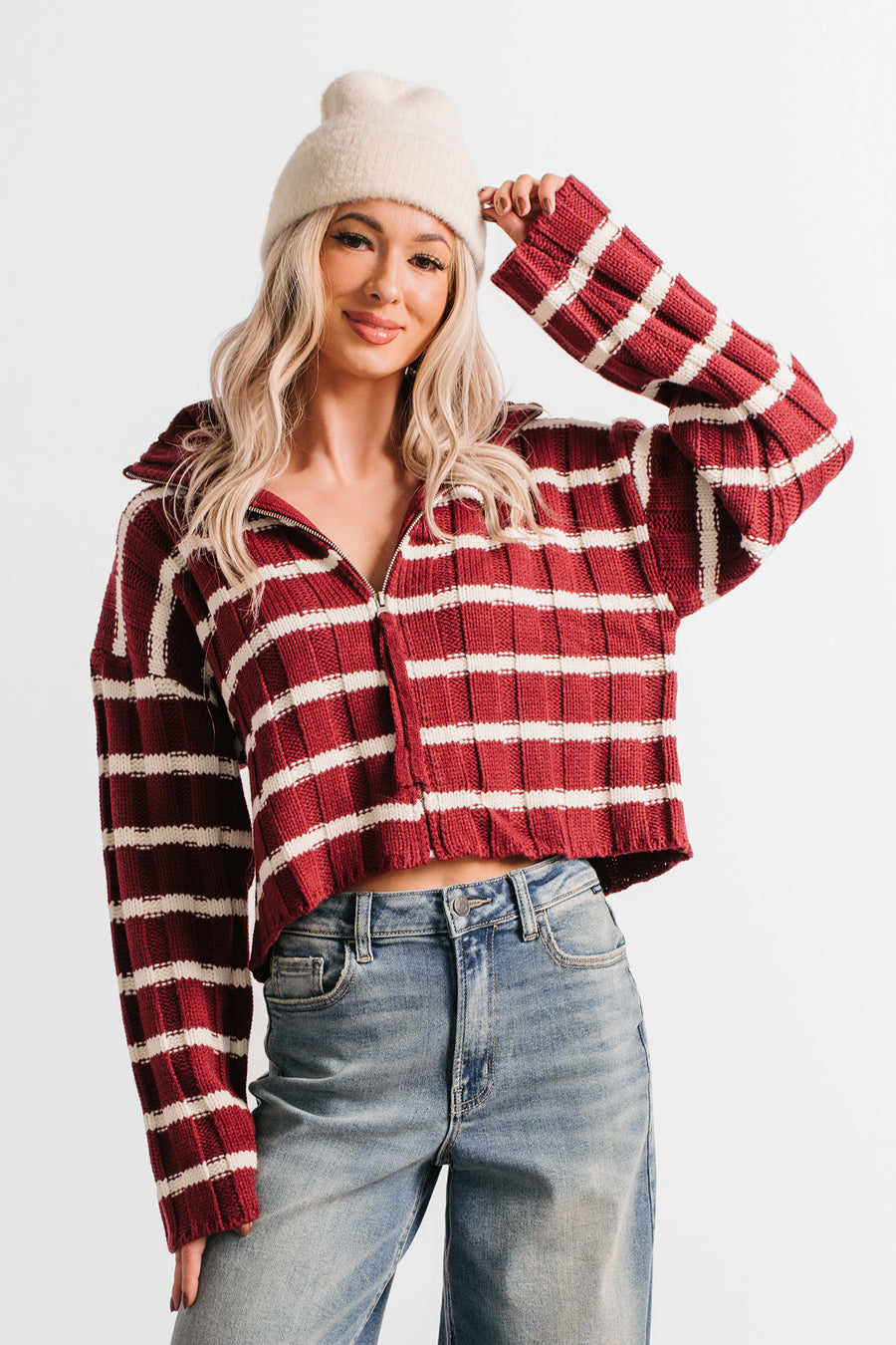 Calm Assurance Striped Zip-Up Sweater Jacket (Wine) · NanaMacs