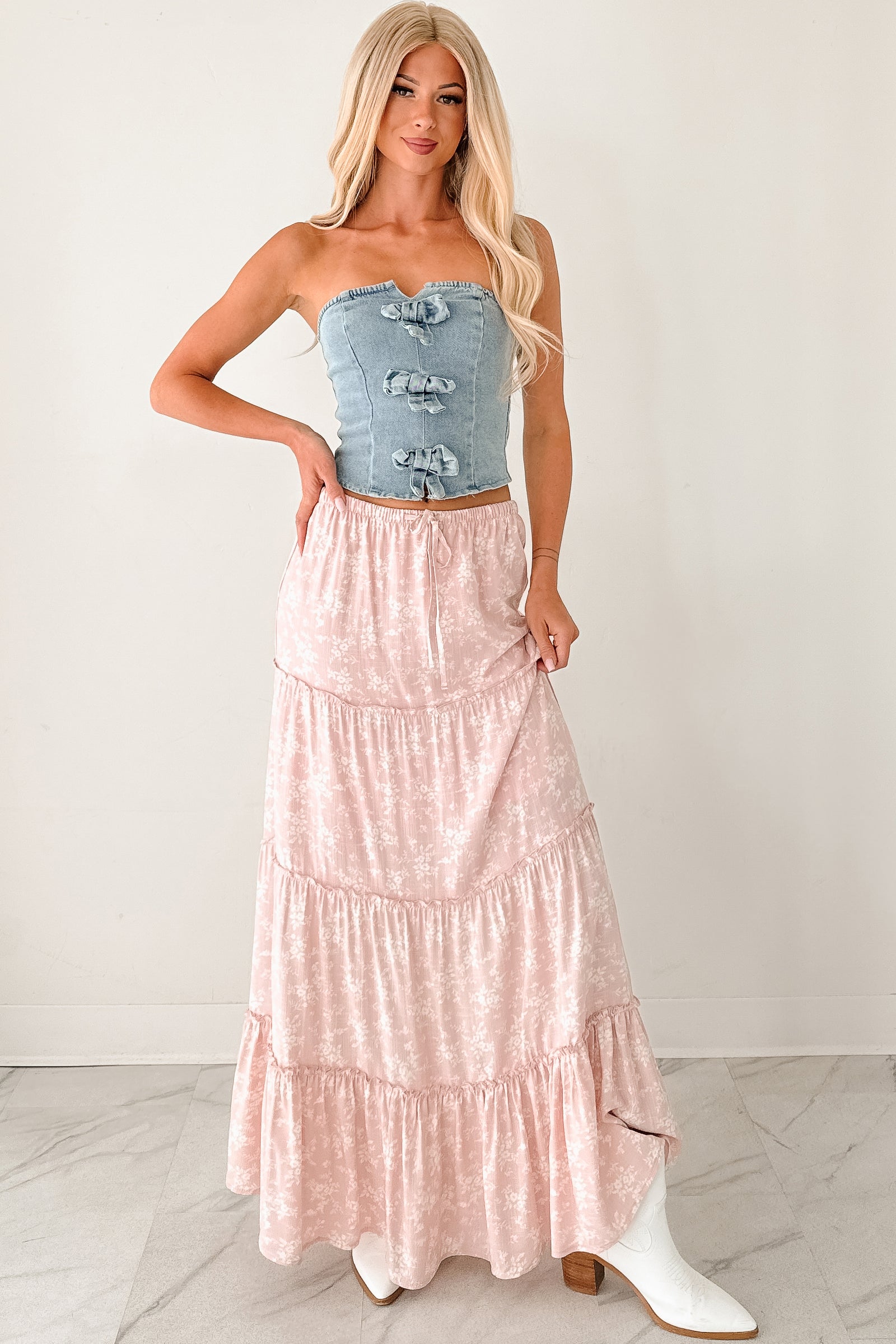 Back To Strangers Denim Bow Front Corset Top (Light Wash) · NanaMacs