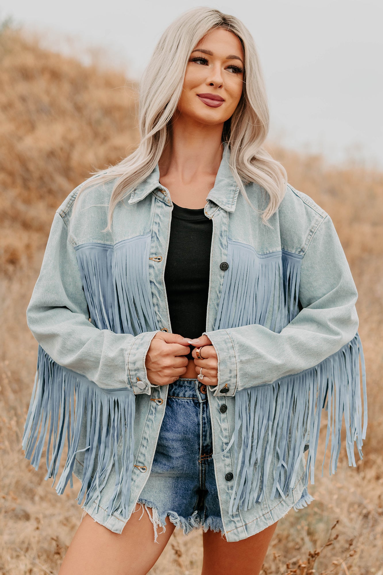 Trailblazing Style Signature 8 Fringe Denim Jacket (Medium Denim ...