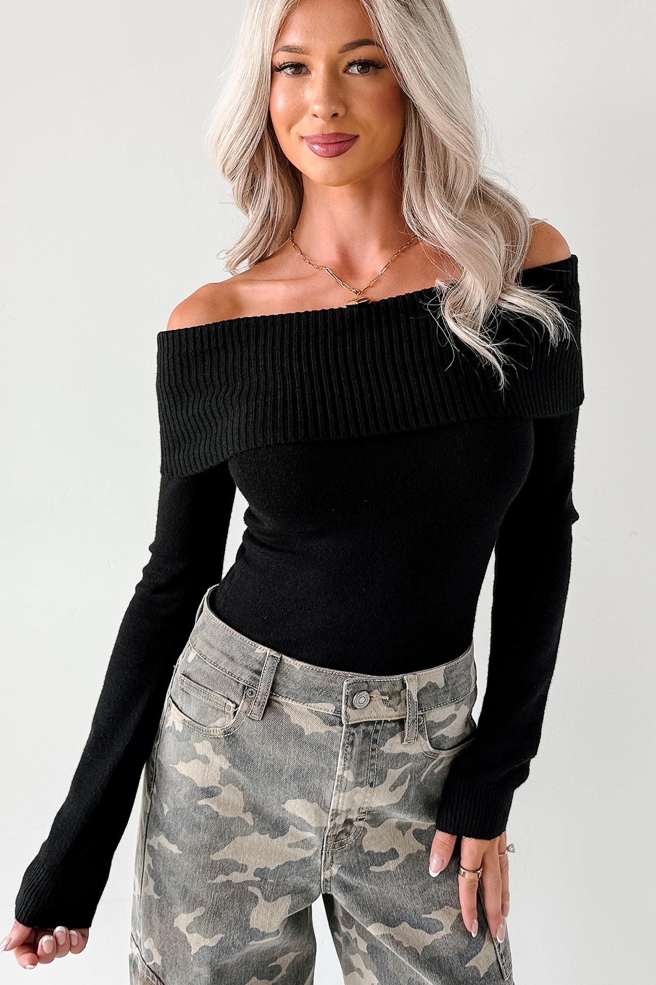 Always Poised Off The Shoulder Sweater Top (Black) · NanaMacs