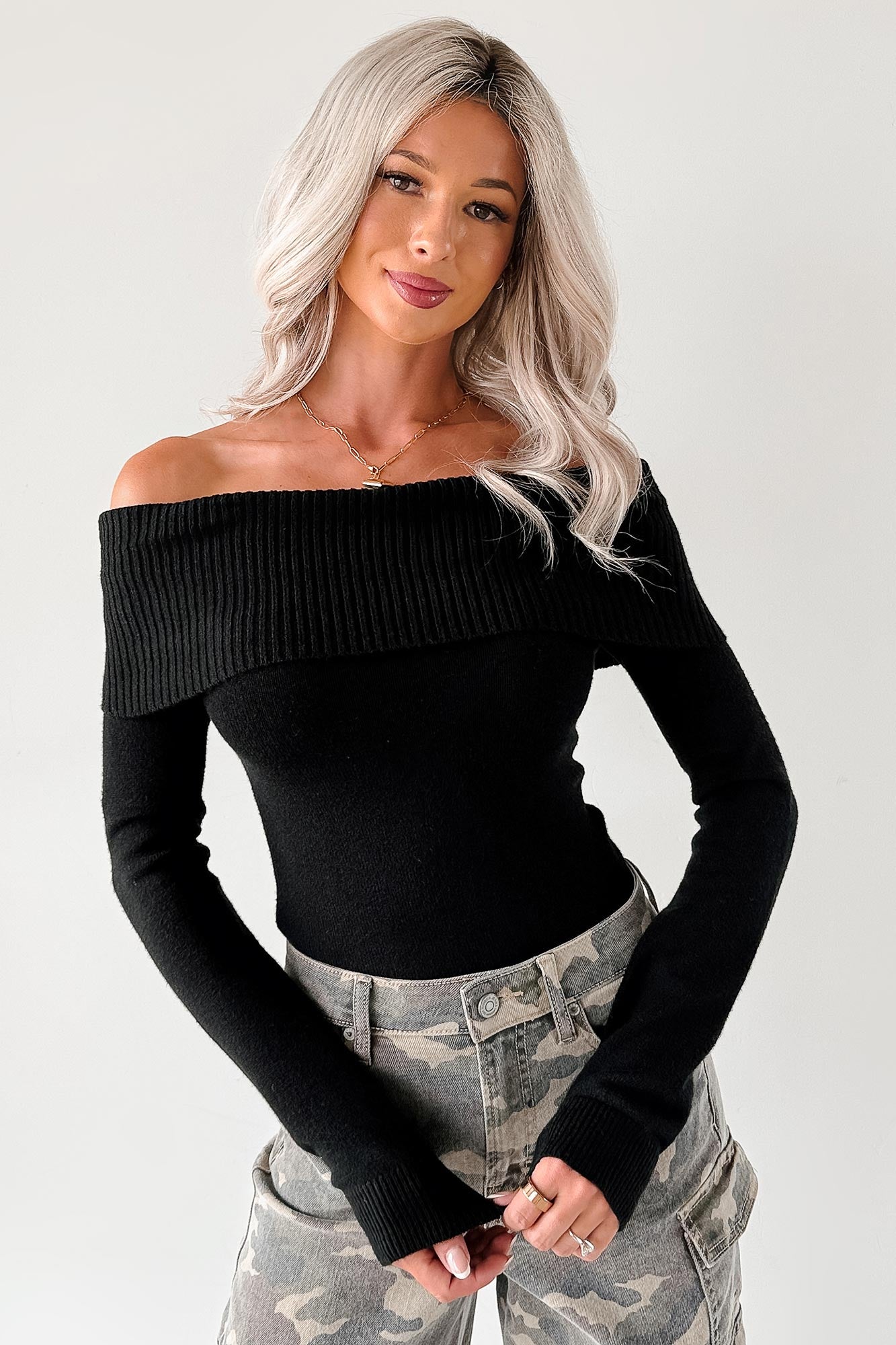 Always Poised Off The Shoulder Sweater Top (Black) · NanaMacs