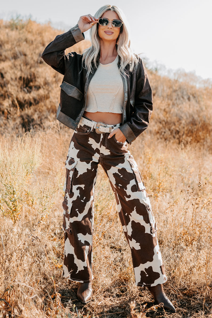 Mirabel Wide Leg Cow Print Balboa Jeans (Brown) · NanaMacs