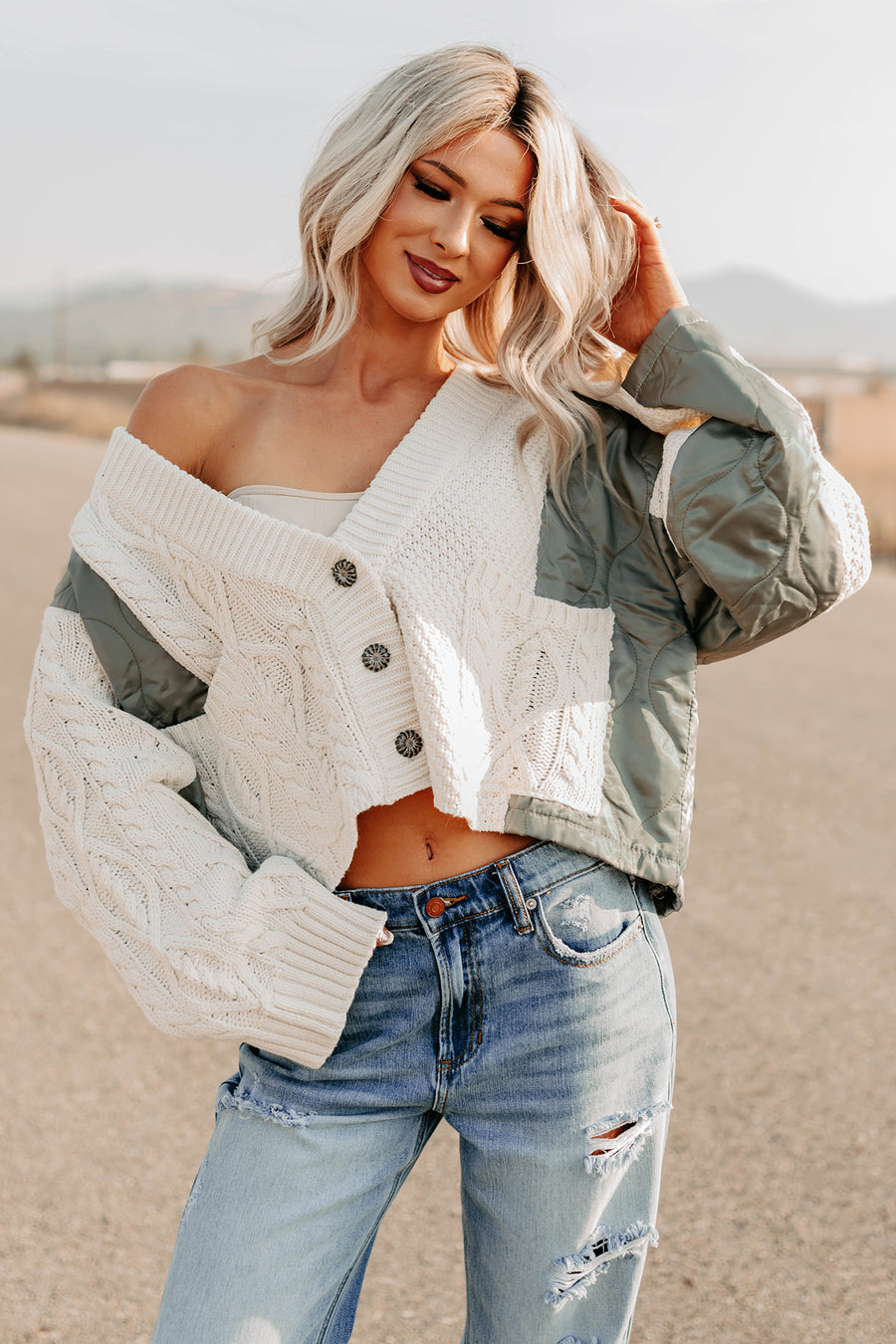 Latte Layers Quilted Cable Knit POL Cardigan (Natural/Olive) · NanaMacs