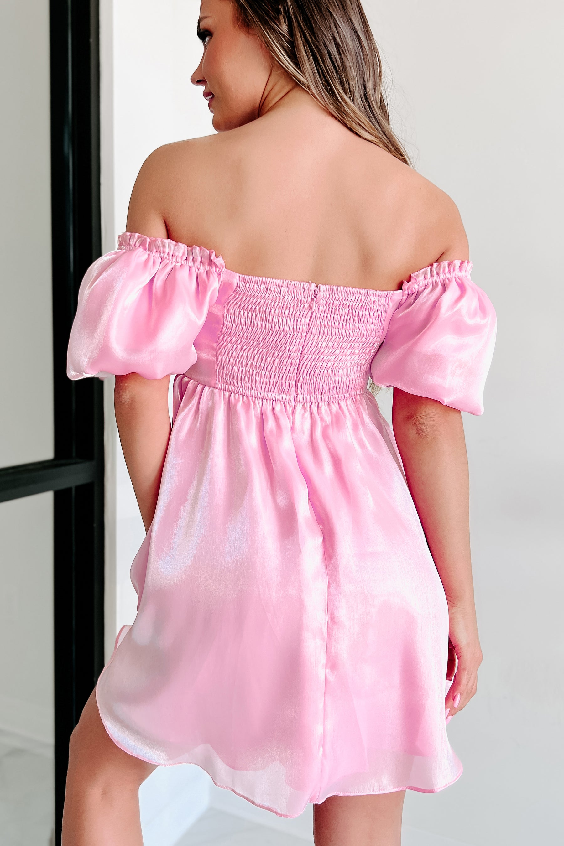 Fit For A Princess Puff Sleeve Shiny Babydoll Dress (Pink) · NanaMacs