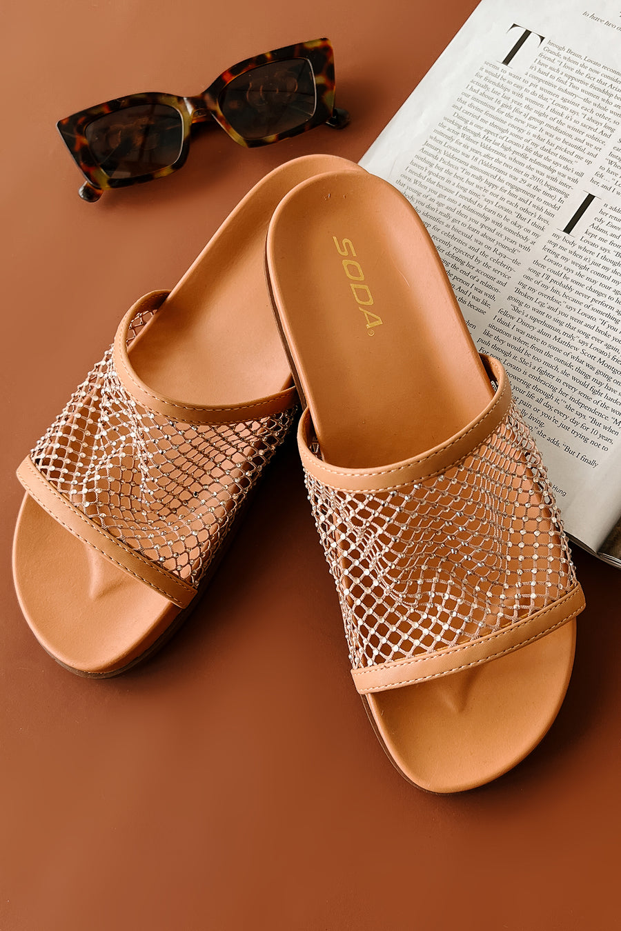 Shine On You Rhinestone Mesh Slide Sandals (Tan) · NanaMacs