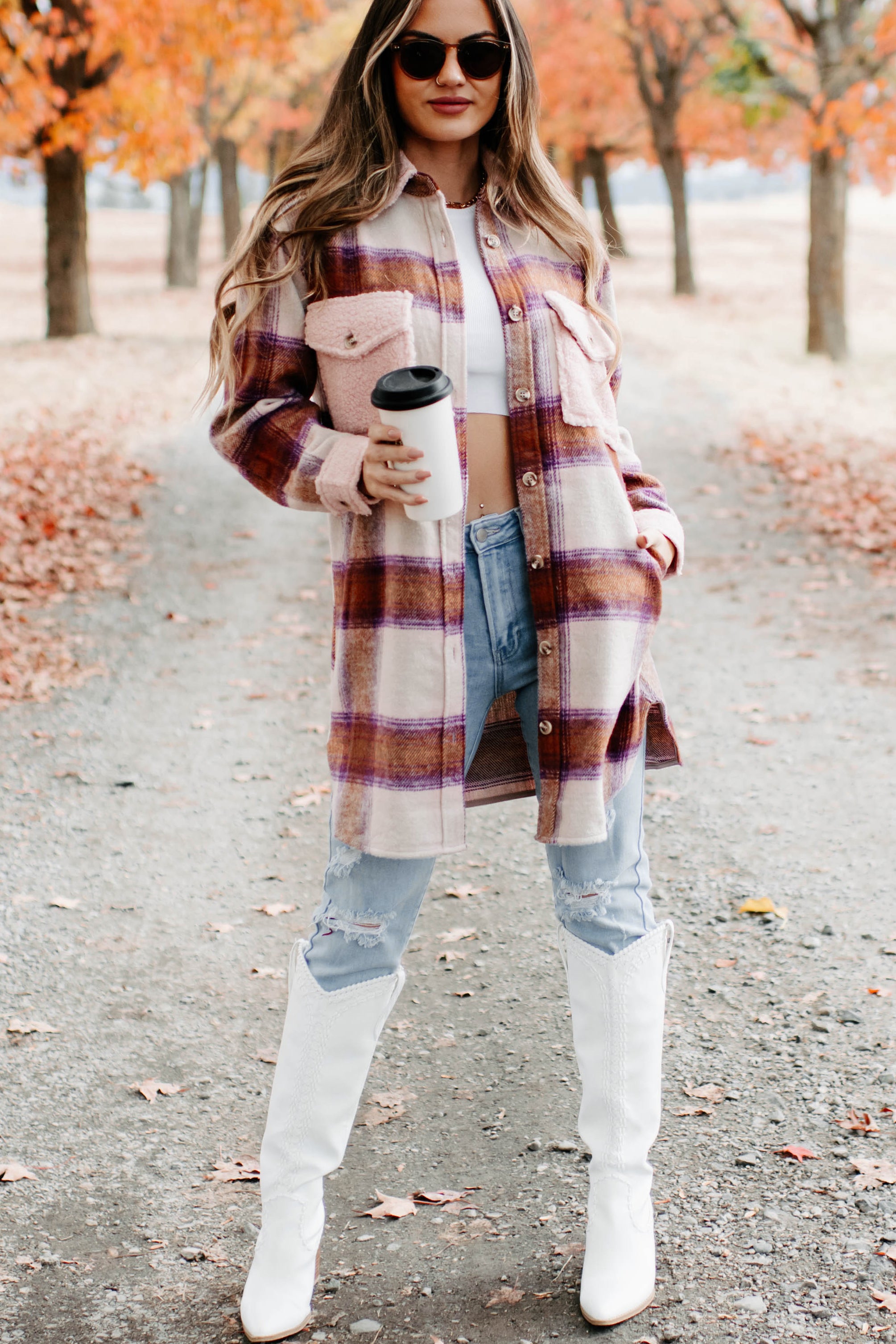 Ryleigh Plaid Teddy Sherpa Trimmed Shacket (Rust/Purple) · NanaMacs
