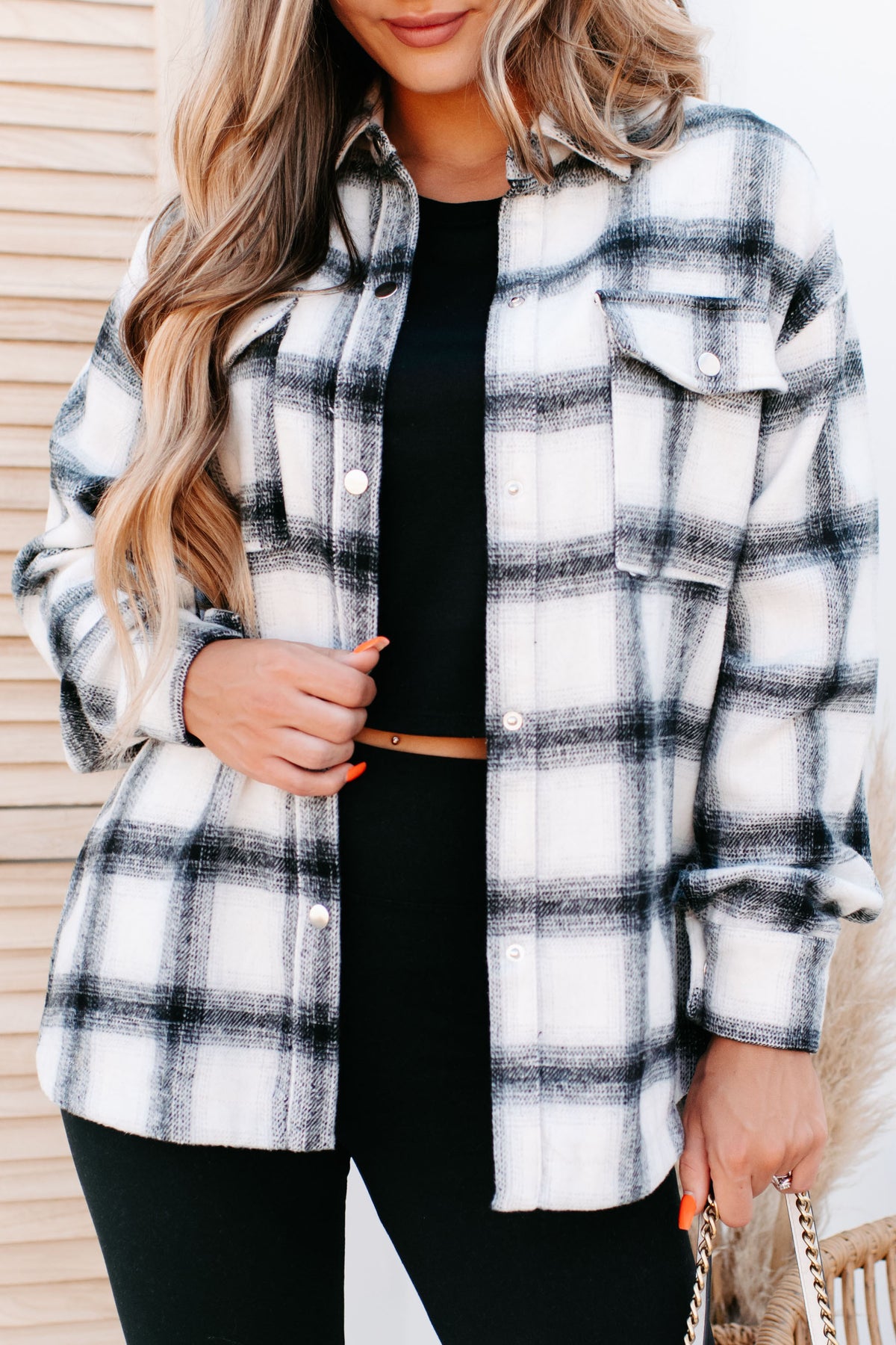 Autumn In Bloom Two Pocket Fleece Plaid Shacket (Ivory) · NanaMacs