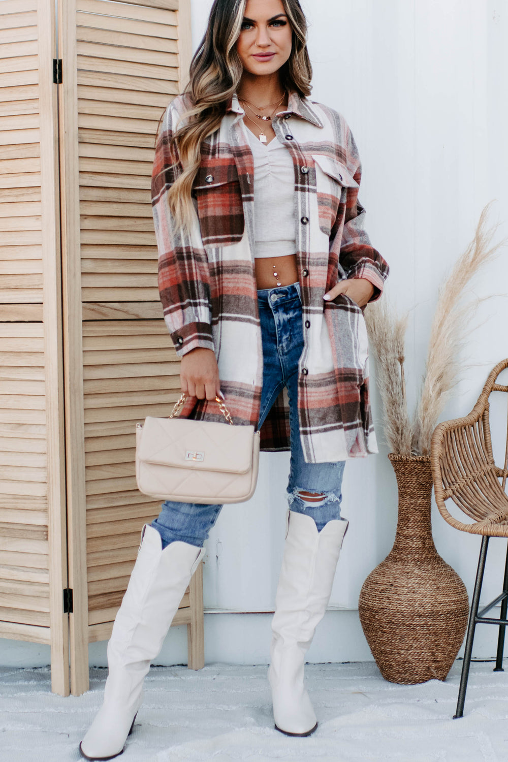 Sienne Knee Length Plaid Shacket (Rust) · NanaMacs