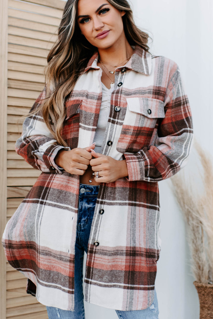 Sienne Knee Length Plaid Shacket (Rust) · NanaMacs