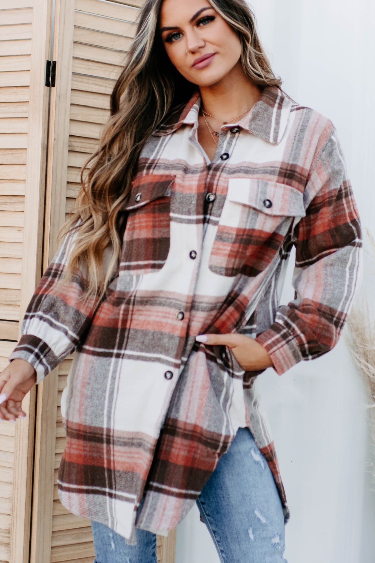 Sienne Knee Length Plaid Shacket (Rust) · NanaMacs