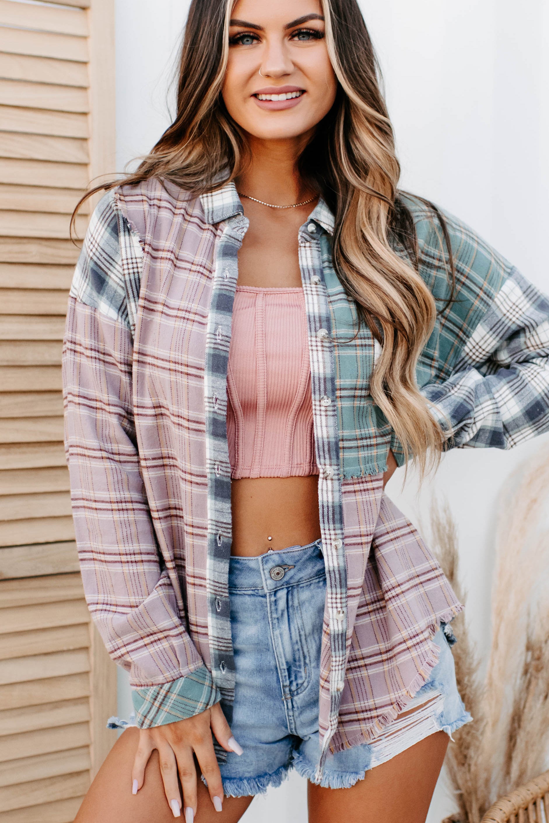 Slowly Drifting Colorblock Plaid Long Sleeve Top (Mauve Multi) · NanaMacs