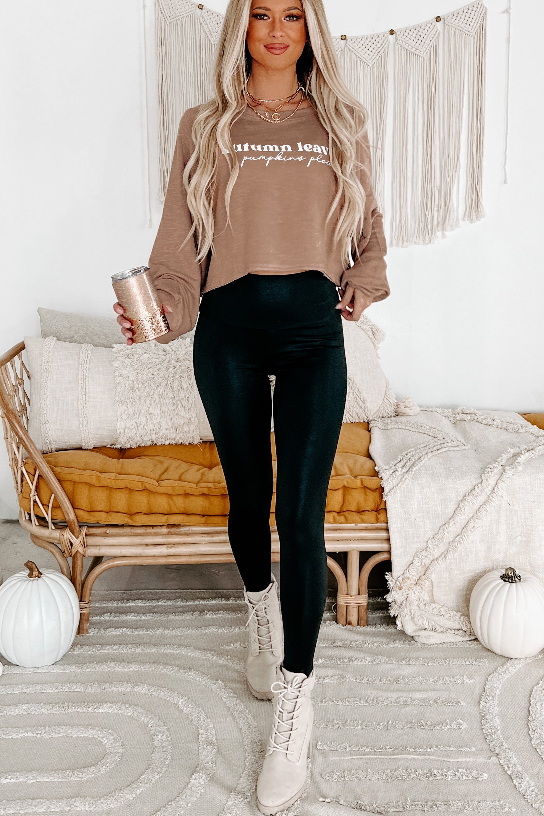 "Autumn Leaves + Pumpkin Please" Long Sleeve Graphic Crop Top (Chocola ...