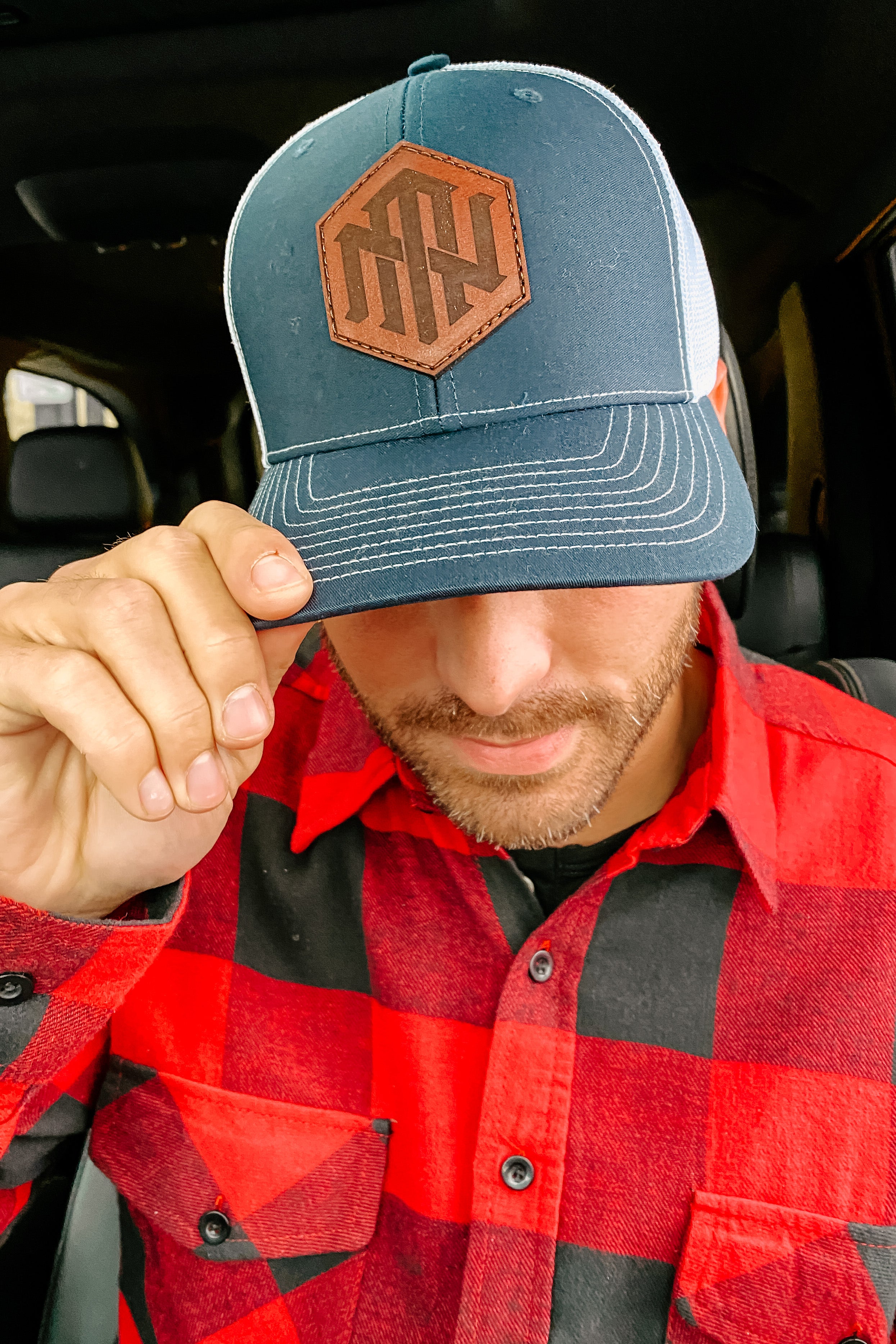 Custom "NM" Hexagon Leather Patch Trucker Cap (Navy/White) · NanaMacs