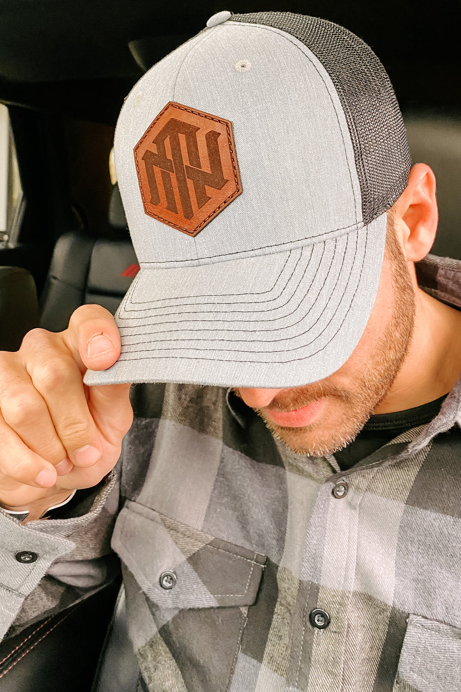 Custom "NM" Hexagon Leather Patch Trucker Cap (Heather Grey/Black ...