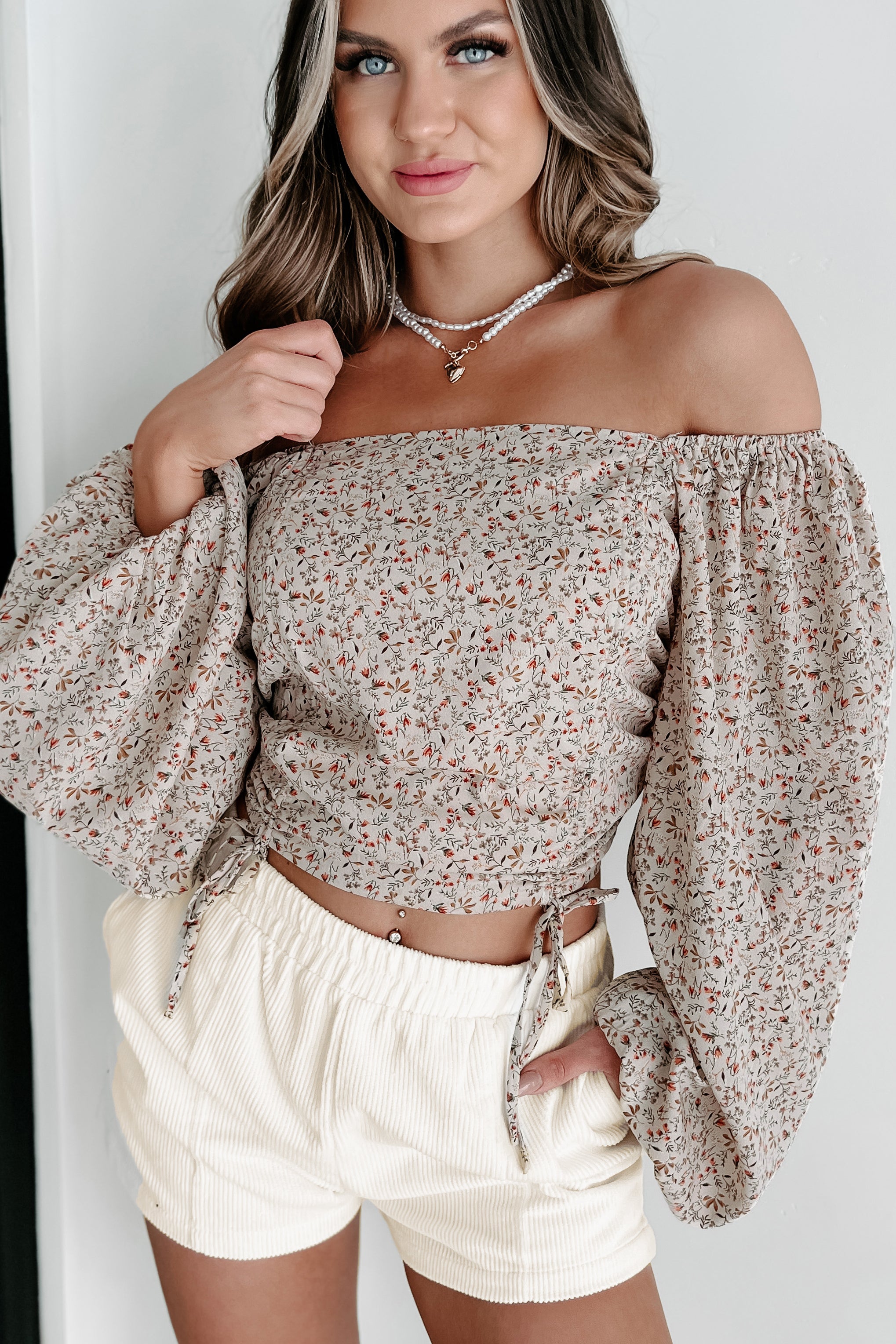 See The Big Picture Floral Square Neck Ruched Top (Taupe) · NanaMacs