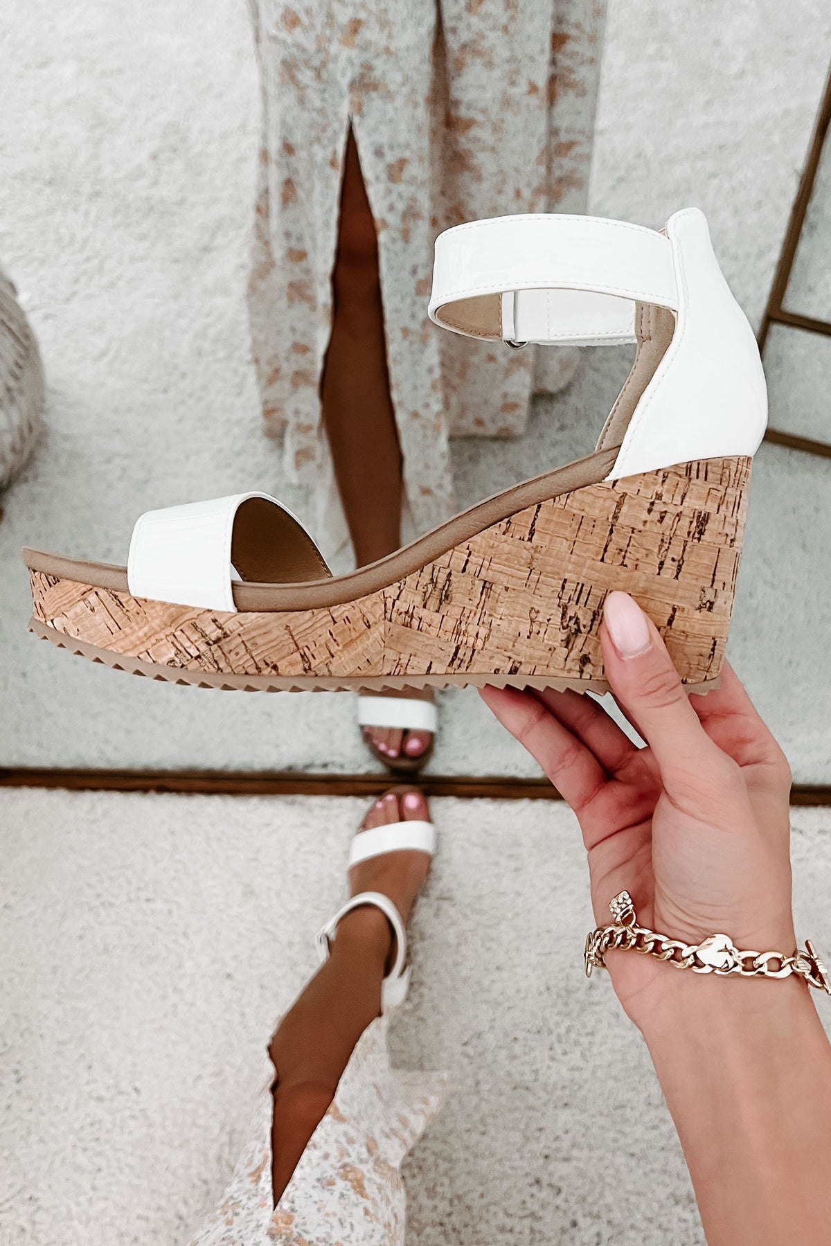 Avalon Patent Leather Cork Wedge Sandals (Patent White) · NanaMacs