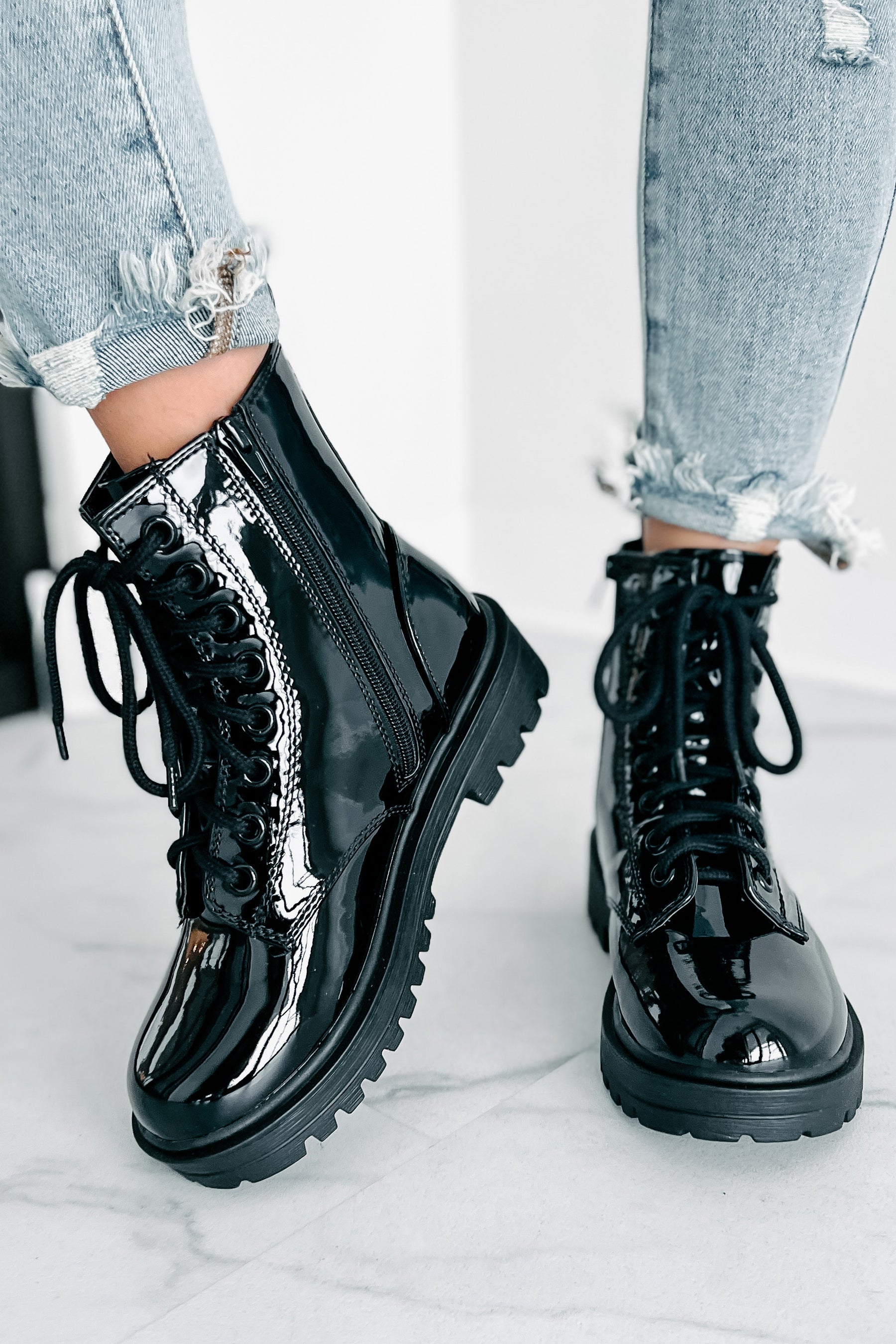 Sticking Firm Patent Combat Boots (Black) · NanaMacs
