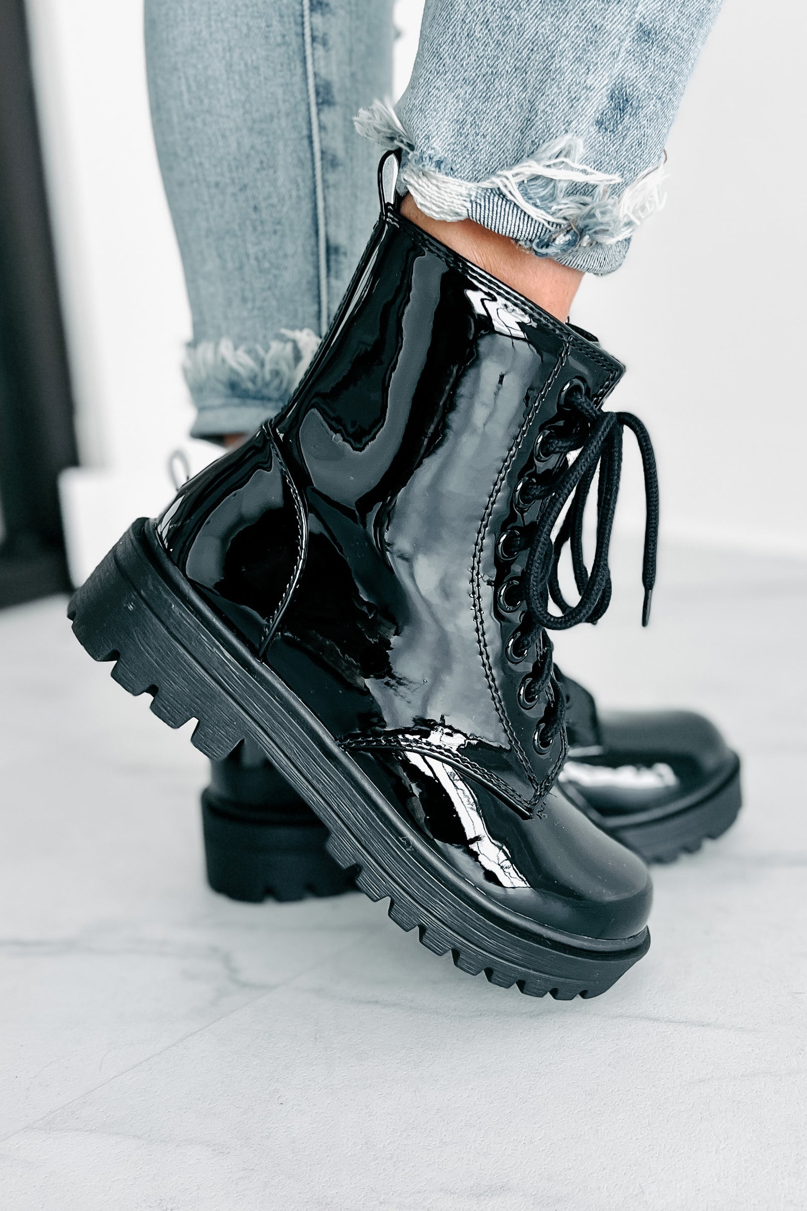 Sticking Firm Patent Combat Boots (Black) · NanaMacs