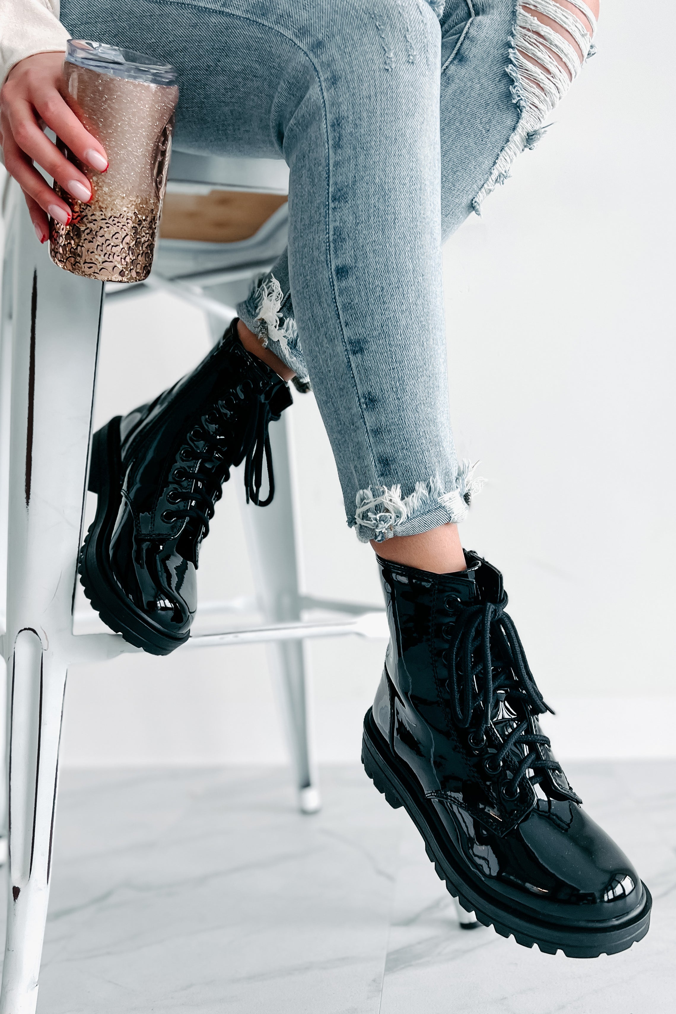 Sticking Firm Patent Combat Boots (Black) · NanaMacs